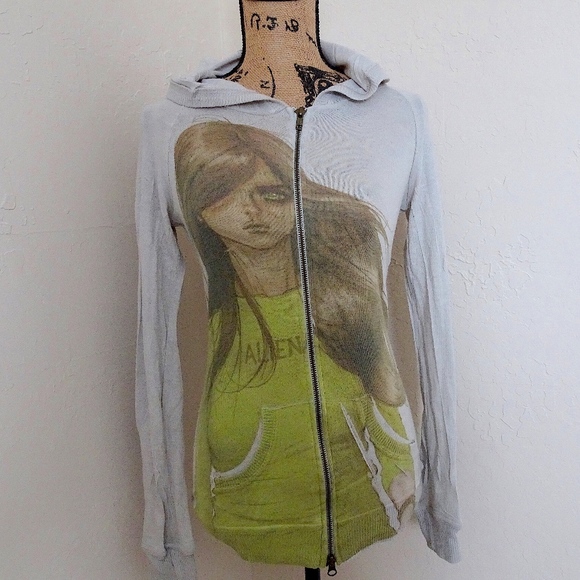 Sweaters | Alter Ego Alien Greige Artsy Zip Up Hoodie Size Small | Poshmark